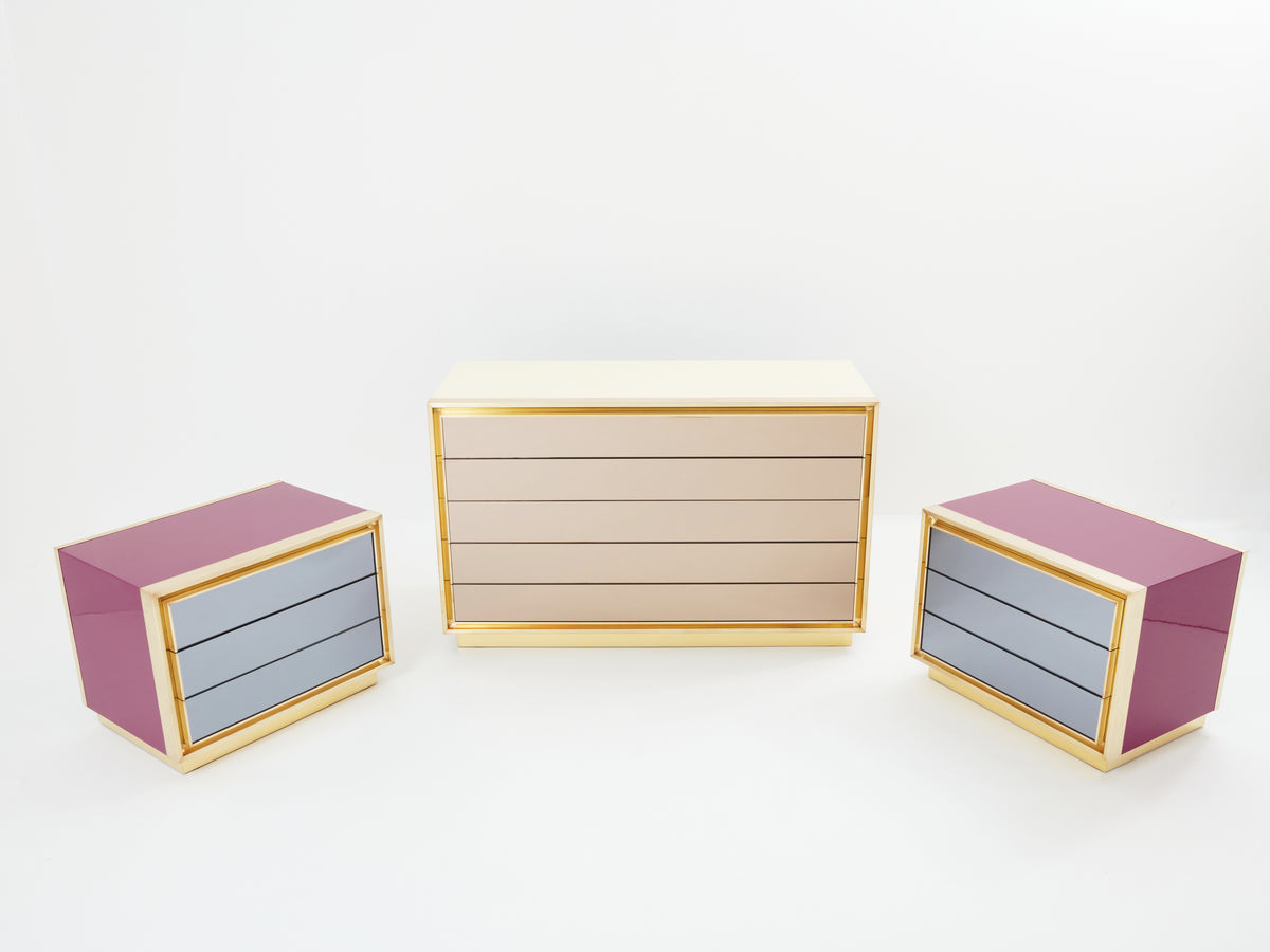Maison Jansen raspberry lacquer brass mirrored nightstands 1970s ...