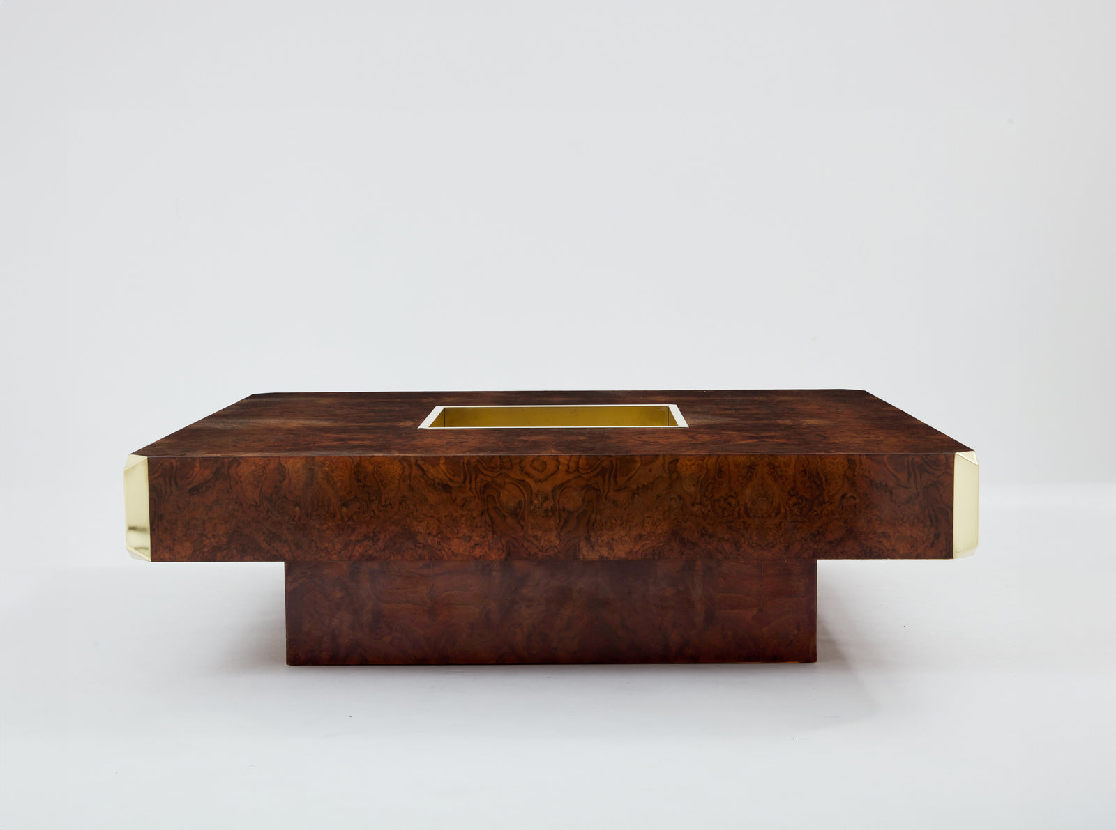 Willy Rizzo burl wood and brass square bar coffee table Alveo 1970s ...