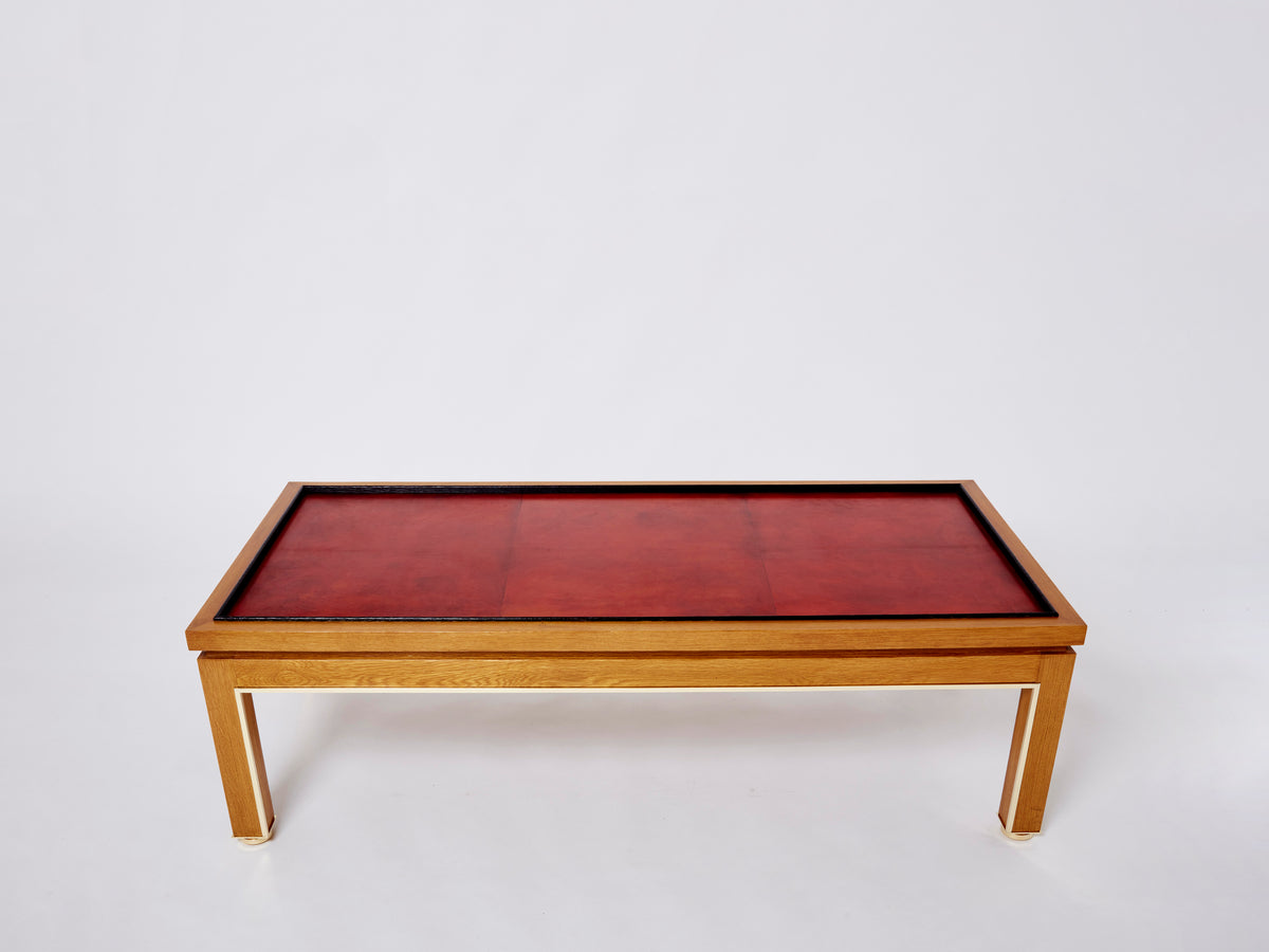Dupré-Lafon style oak brass leather coffee table Alberto Pinto 1990 ...