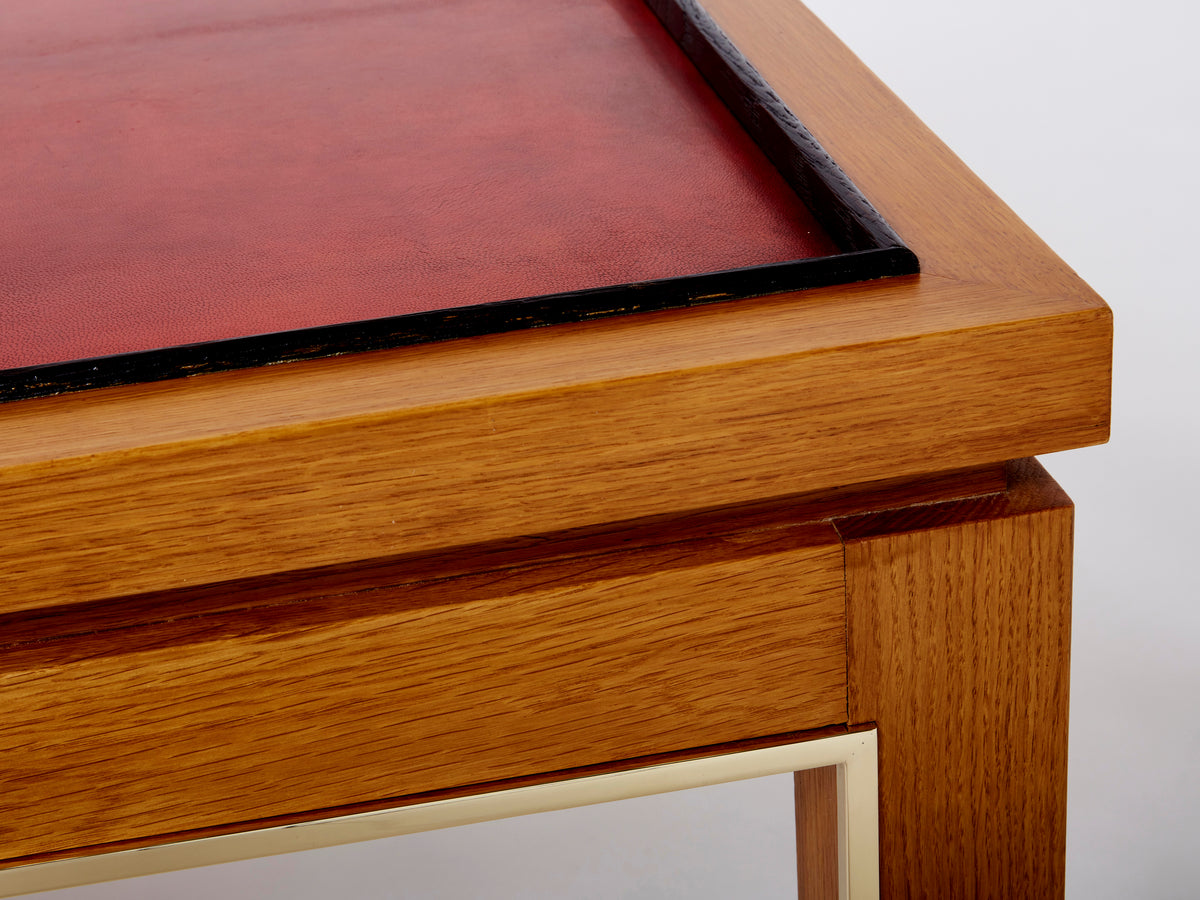Dupré-Lafon style oak brass leather coffee table Alberto Pinto 1990 ...