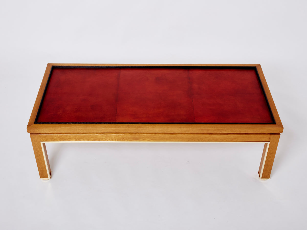 Dupré-Lafon style oak brass leather coffee table Alberto Pinto 1990 ...